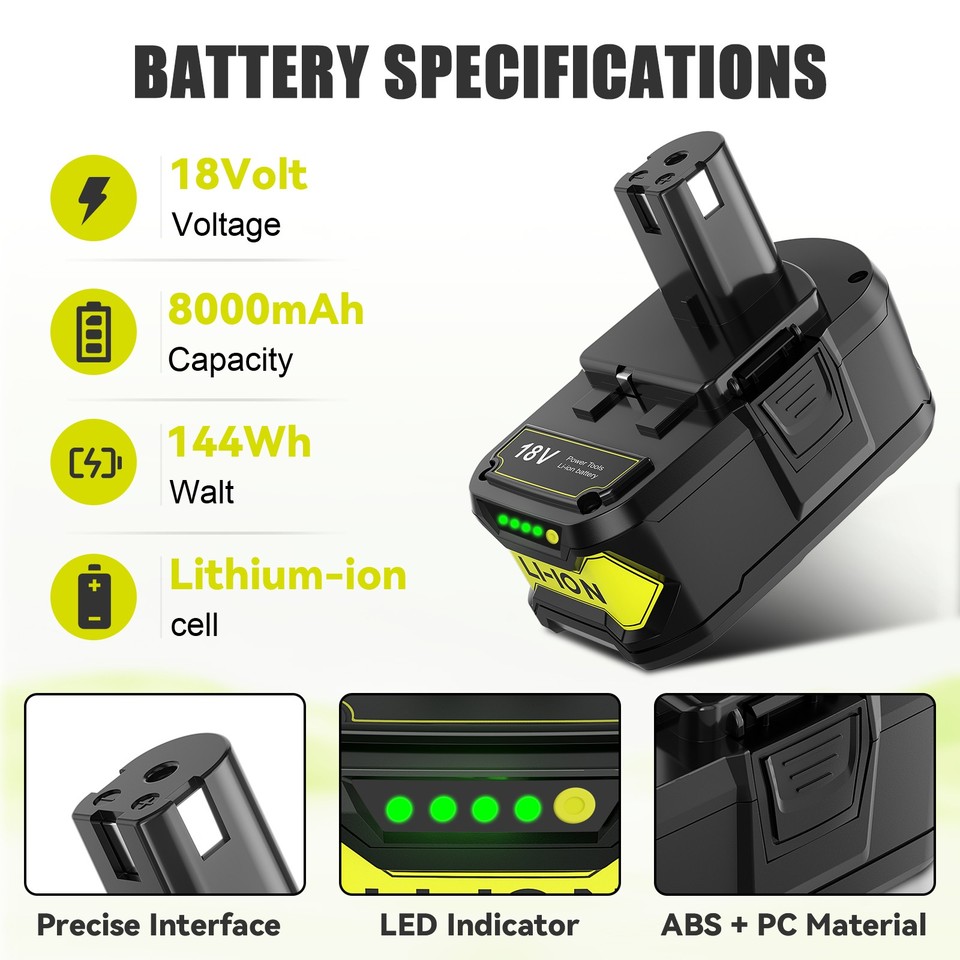 2X 18V 8.0AH For Ryobi P108 One+ Plus Lithium Battery RB18L50 RB18L40 ...
