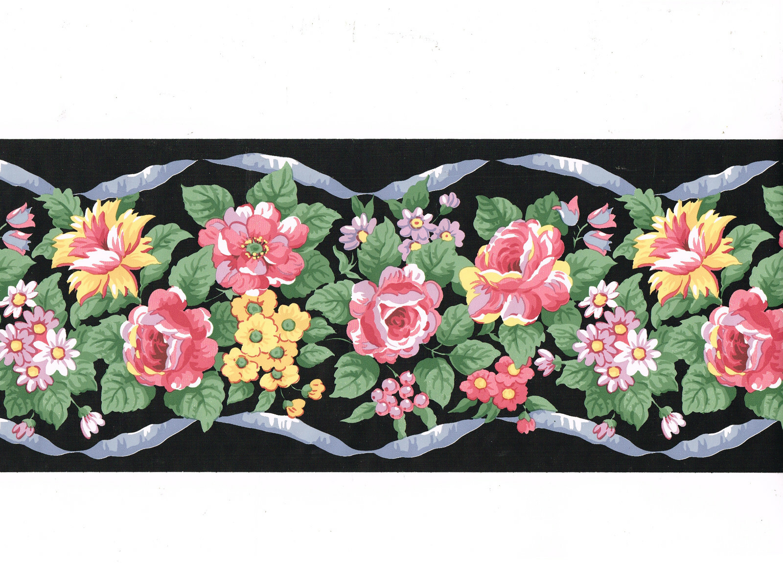 Victorian Pink Rose Blue Ribbon Yellow Flower Floral Black Wallpaper ...