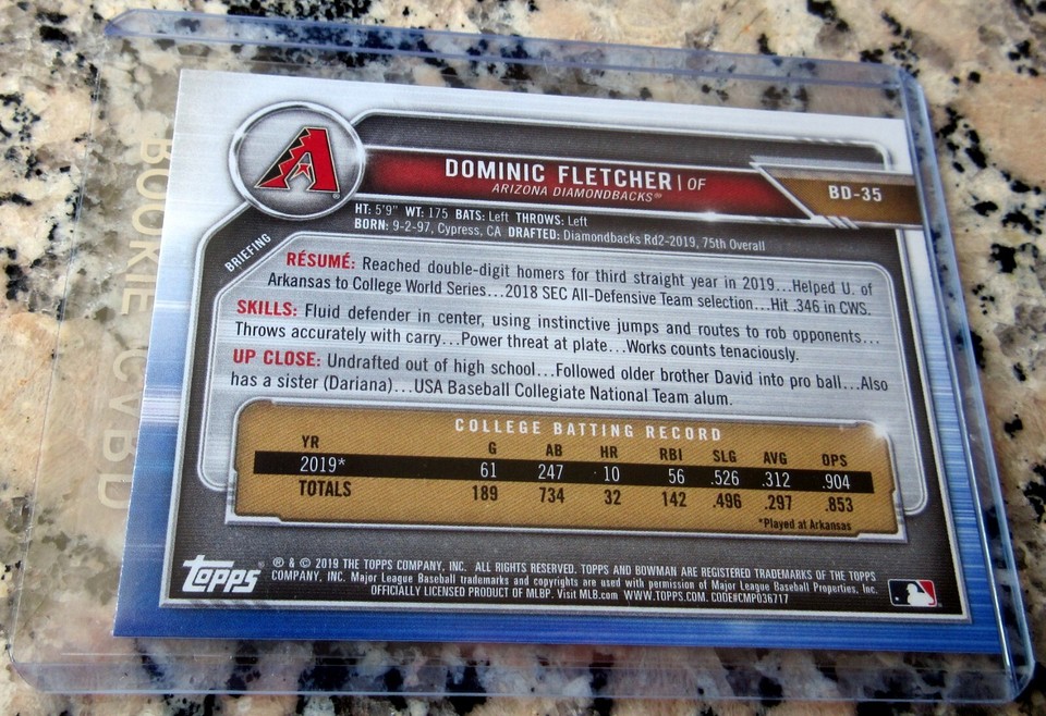 DOMINIC FLETCHER 2019 Bowman 1st TRUE Rookie Card RC Chicago White Sox🔥 ...