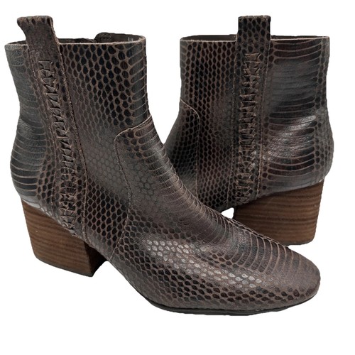 New KORKS Leyland Brown Leather Snakeskin Print Stacked Med Heel Boots ...