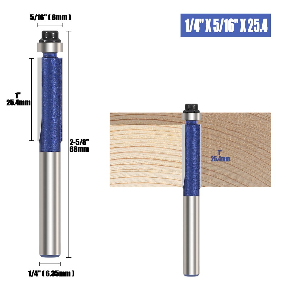 4PC 1/4" Shank Straight Flush Trim Router Bit Set Top Bearing ...