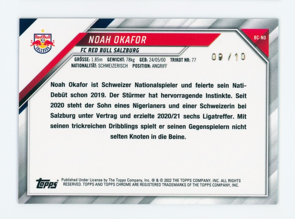 2022 Noah Okafor Topps Chrome Gold Refractor FC Red Bull Salzburg Card ...