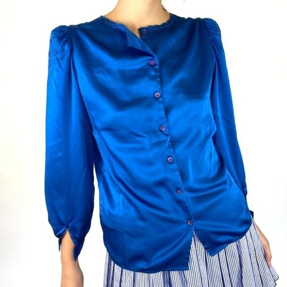 Women's Vintage Royal Blue Satin Button Down Blouse S… - Gem