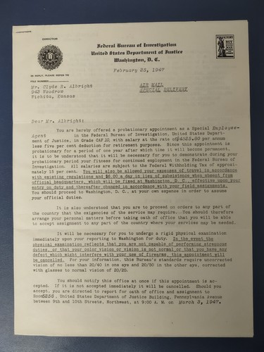 1947 Original Signed Letter - FBI Director JOHN EDGAR HOOVER to Rookie ...