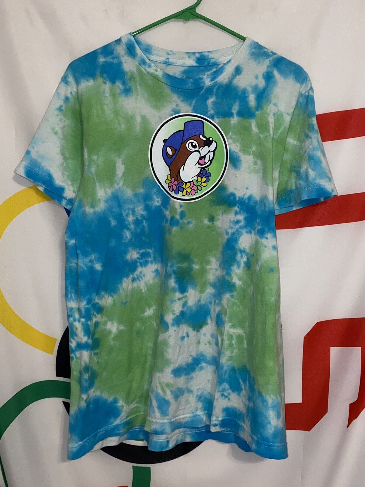 Buc Ees Leid Back Graphic Tie Dye T Shirt Mens Medium Blue Green