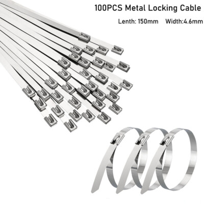 100Pcs 150mm Stainless Steel Metal Exhaust Wrap Locking Cable Zip Ties ...