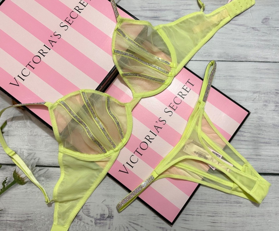 Victoria's Secret Shine Strap Unlined Low-Cut Demi Bra Thong Set Sheer ...