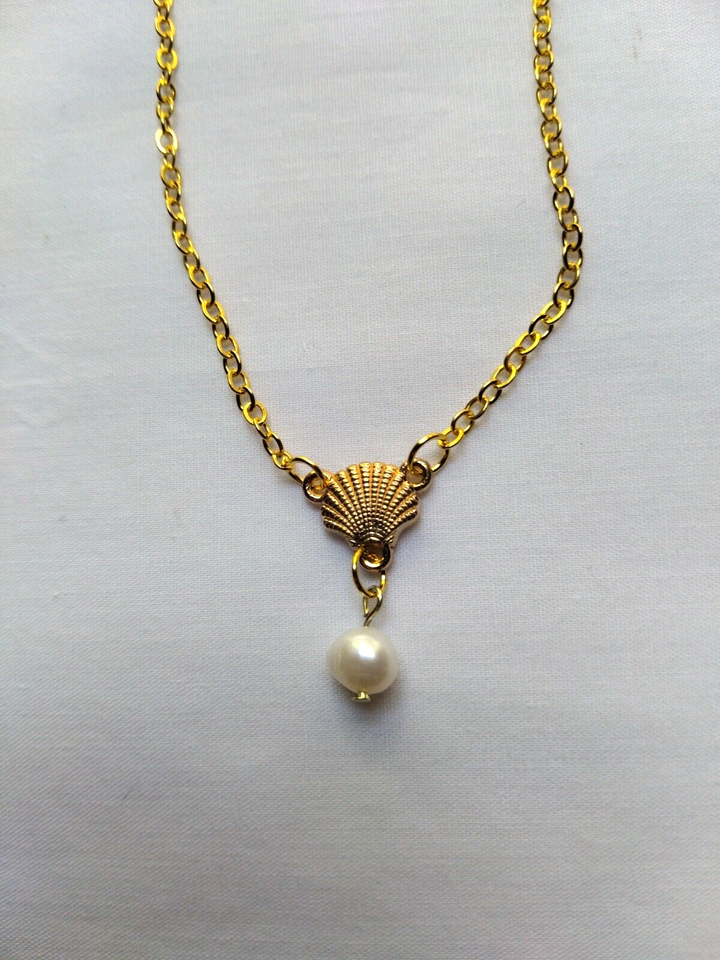 White Pearl Clam Shell Charm Necklace Handmade Gold Plated Stainless ...