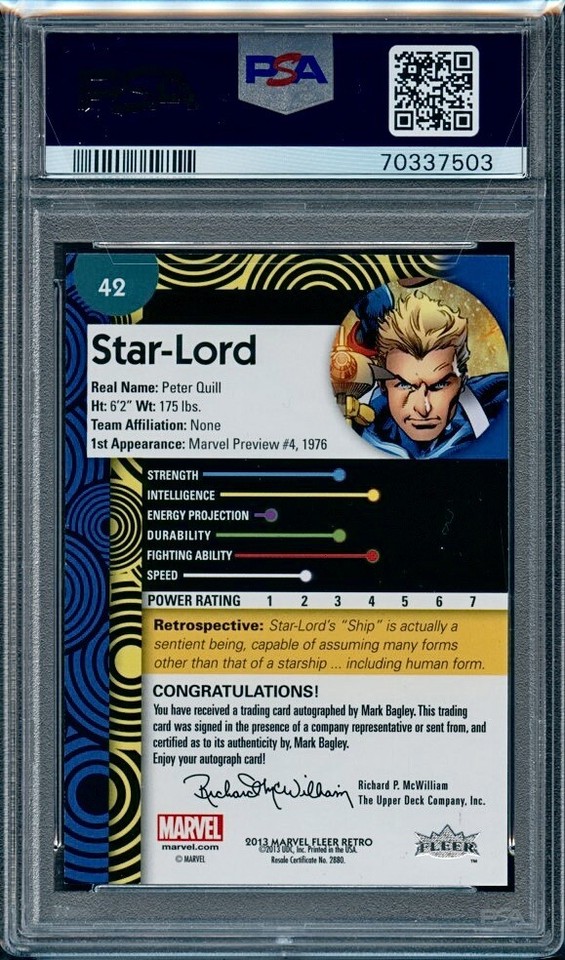 2013 Marvel Fleer Retro Autograph Mark Bagley #42 Star-Lord PSA 9 🔥RARE ...