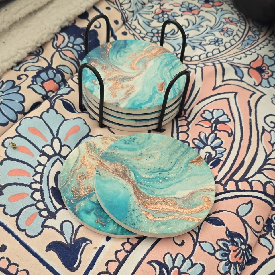 Blue White Gold Marbled Ceramic Cork Round Coaster Set of 6 with Holder ...