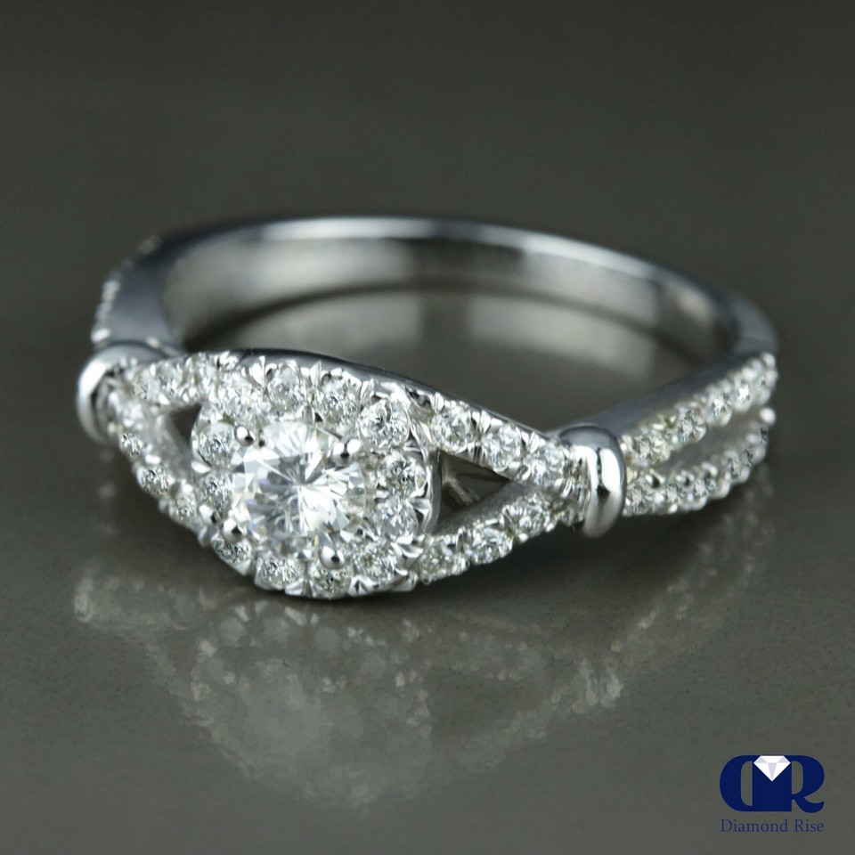 Natural 0.78 Ct Round Cut Diamond Halo Twisted Shank Engagement Ring ...