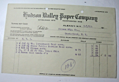 May 3, 1912 Hudson Valley Paper Co.Invoice Sent to Company in ...