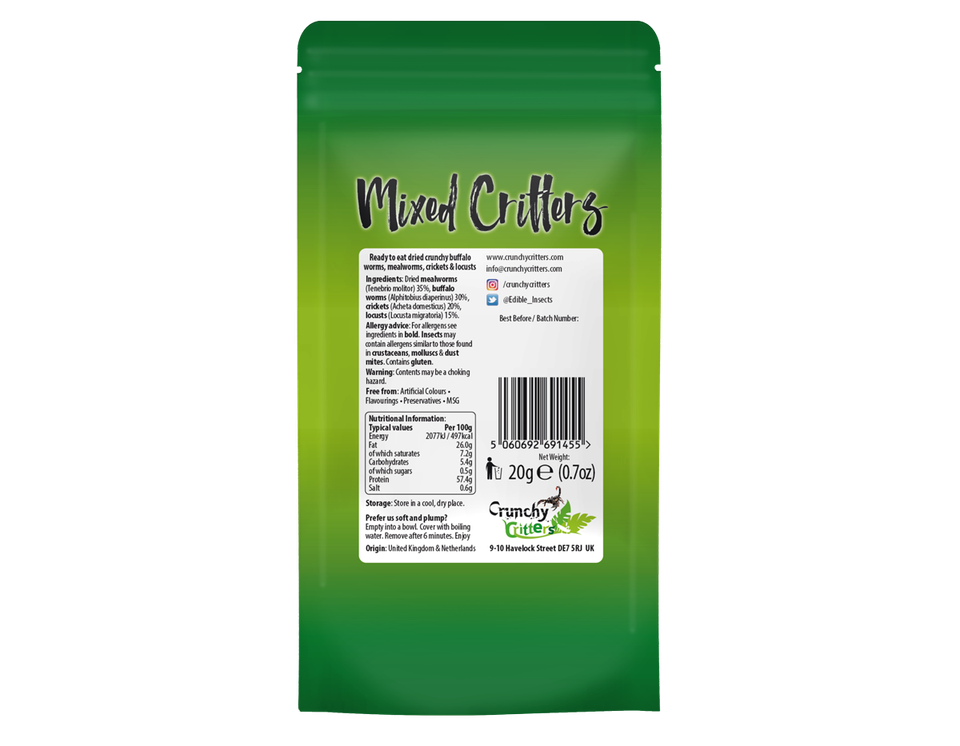Edible Insects Mixed Critters Worms, Crickets & Locusts 20g Crunchy ...