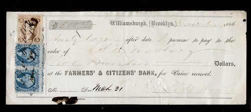 U.S.1860'S BANK CHECK FARMERS & CITIZENS BROOKLYN wTIED PAIR 2c MISPERF ...