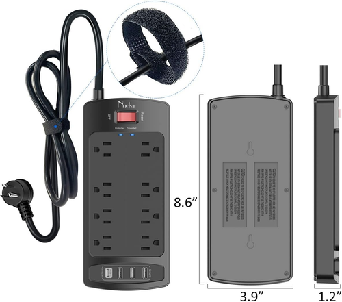 8 Outlets Power Strip Surge Protector, Flat Plug Extension Cord with 4 ...