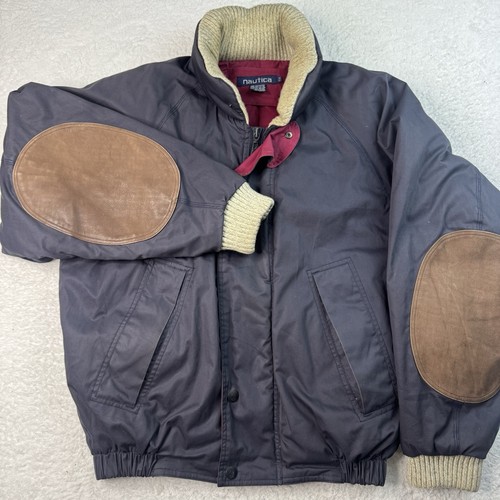 NAUTICA Duck Down Puffer Jacket/Coat Leather Elbow Patches Mens XL ...
