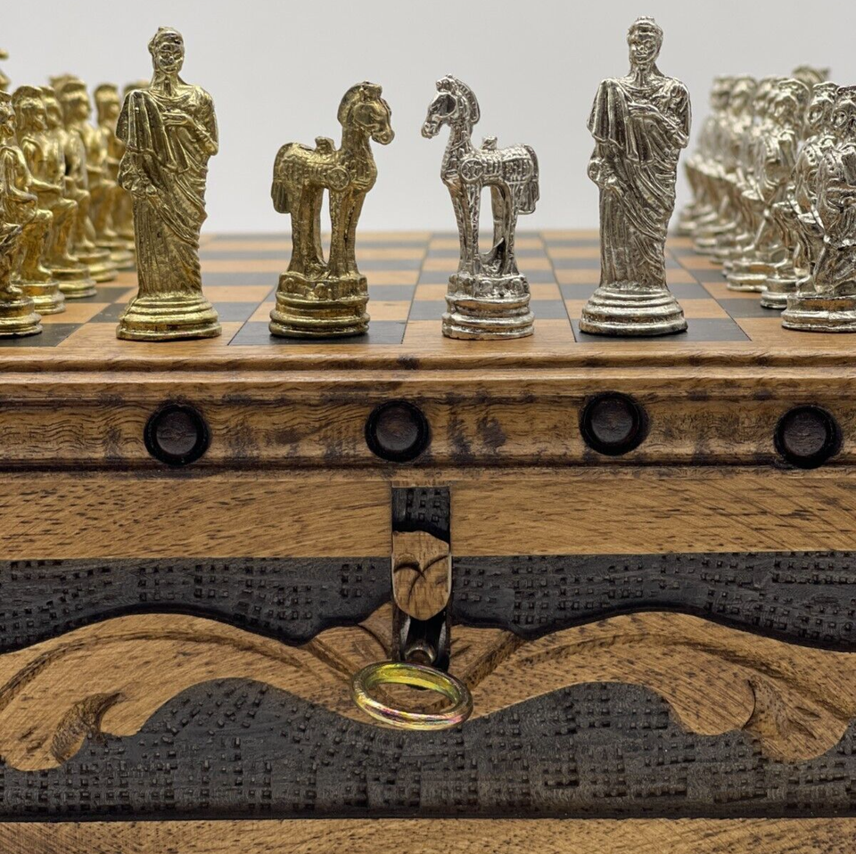 Trojan Metal Chess Pieces With Hidden Compartment Boxed Wooden Chess ...