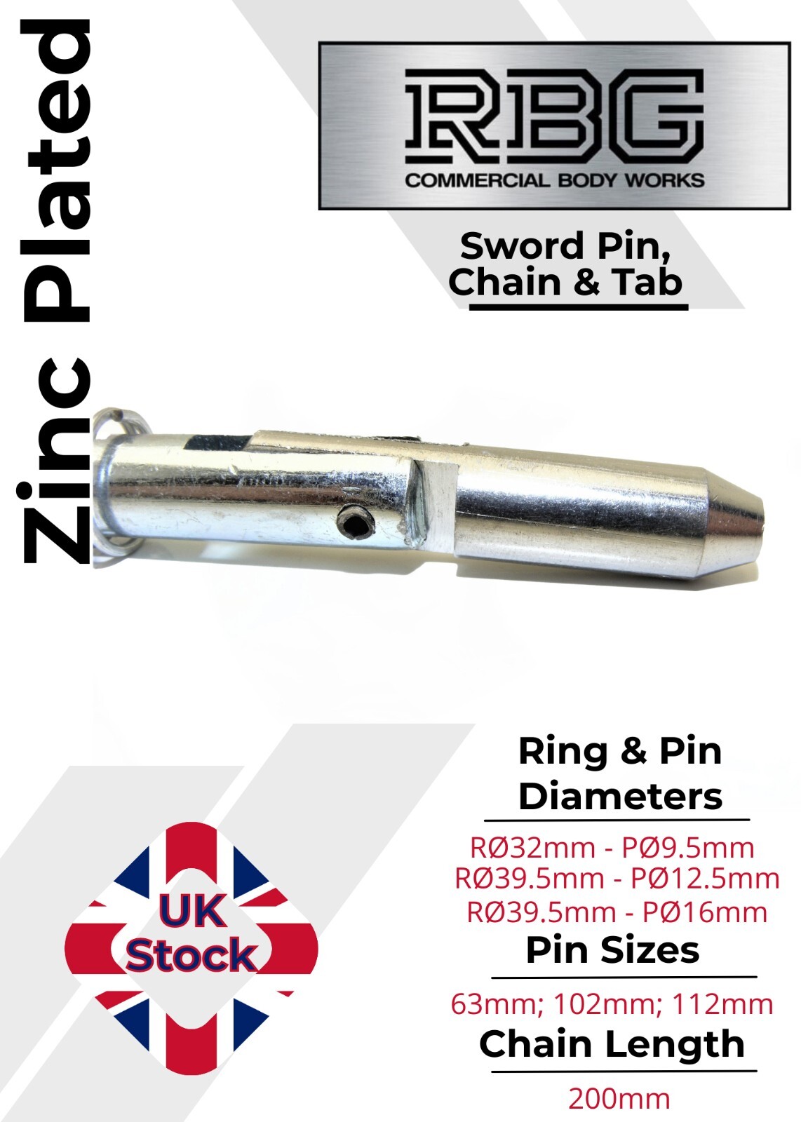 Sword Pin and Chain Spring Loaded, Retaining Cotter Pin 9.5mm; 12.5mm ...