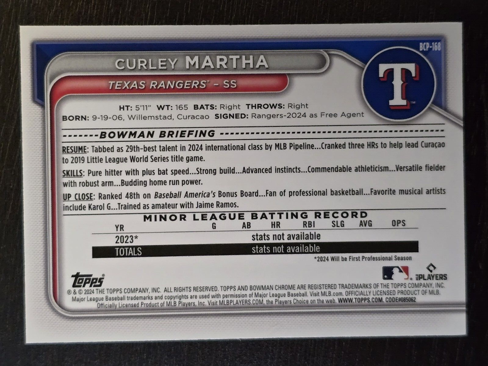 Curley Martha 2024 Bowman Chrome 1st Bowman #BCP-168 Texas Rangers ...