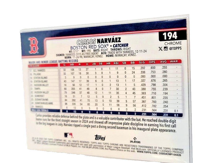 Carlos Narvaez 2025 Topps Chrome #194 Base Rookie Red Sox | eBay