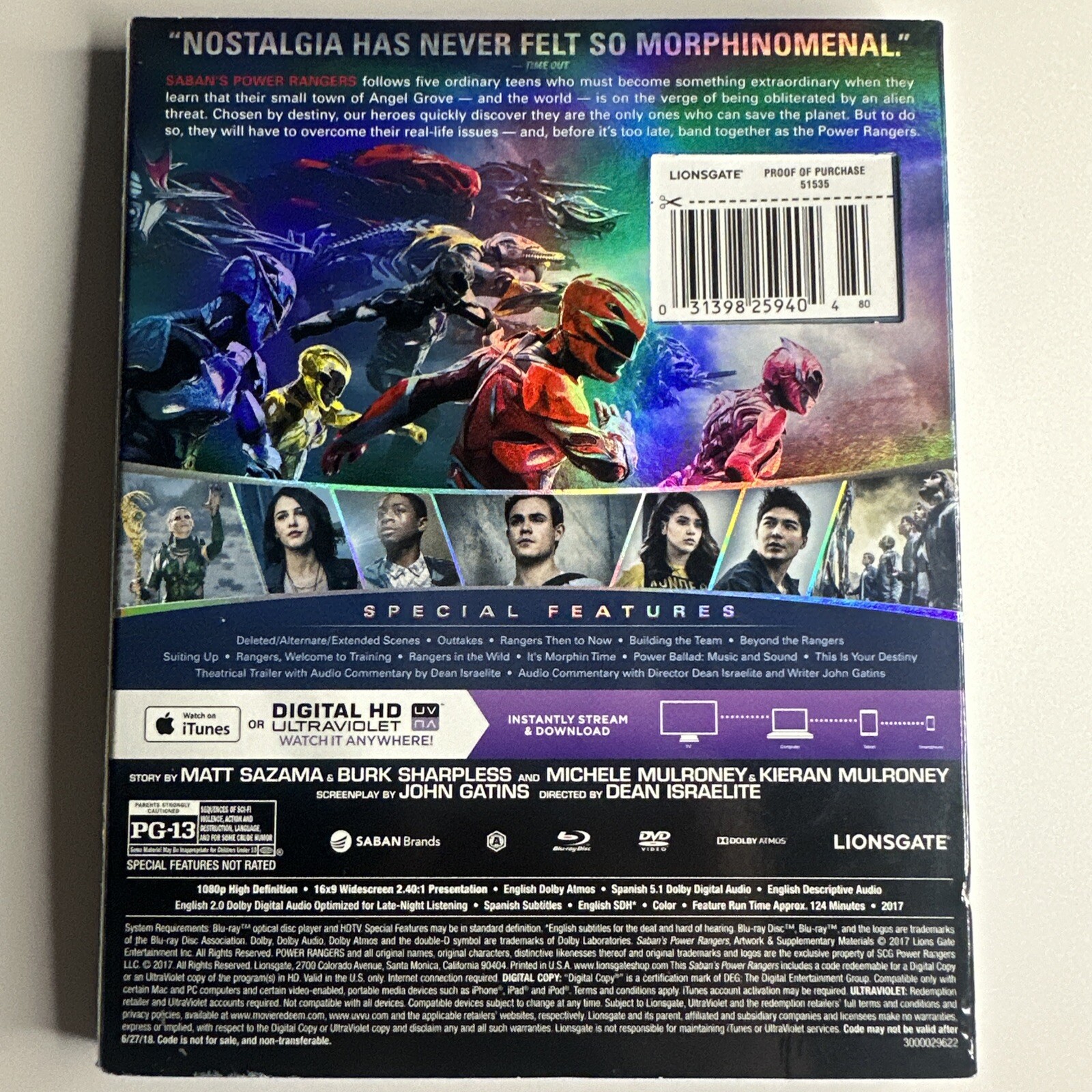 Power Rangers (Blu-ray, DVD, Digital, 2017) w/Slipcover Saban ...