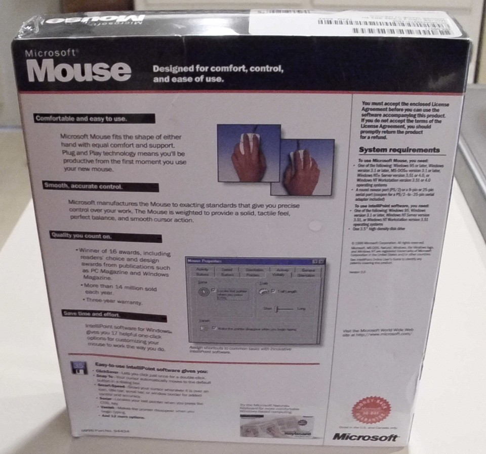 Vintage Microsoft Windows 95/3.1 PC Computer Mouse - NEW, Factory ...
