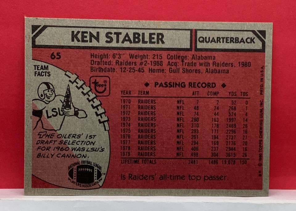 1980 Topps #65 Ken Stabler Houston Oilers | eBay