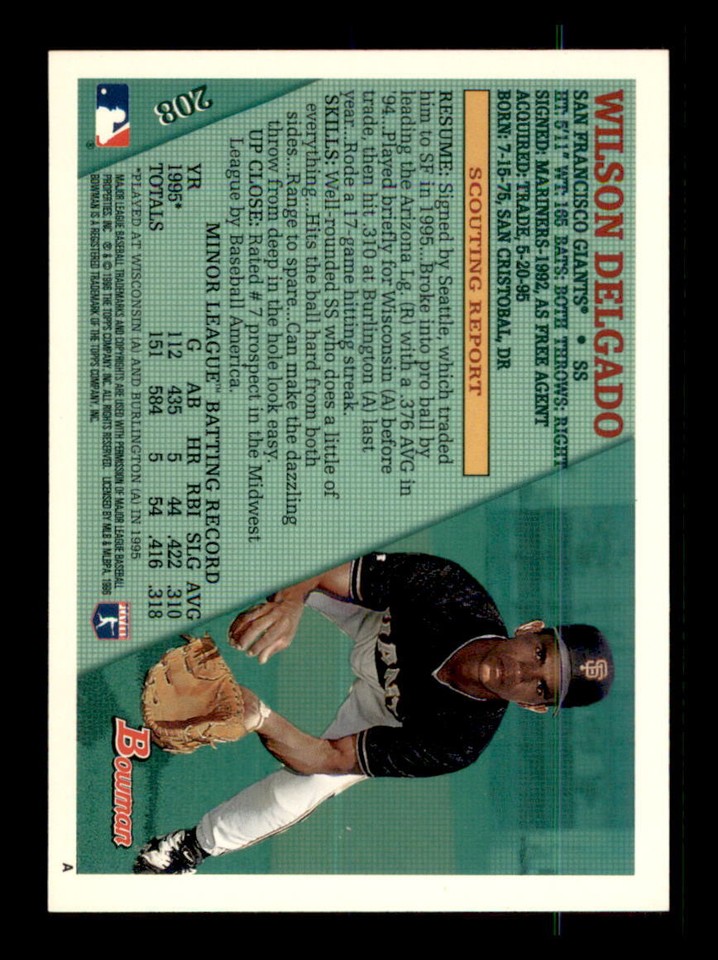 1996 Baseball Bowman Wilson Delgado San Francisco Giants #208 RC2 | eBay
