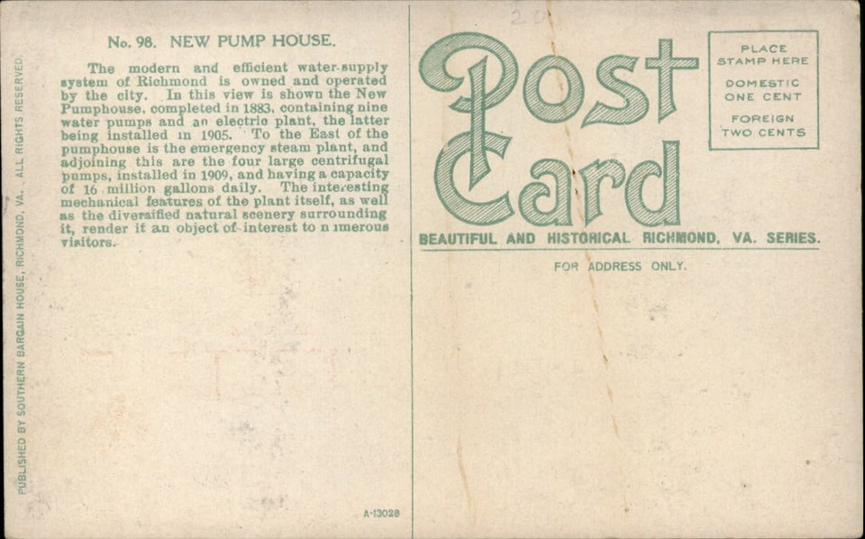 Richmond Virginia Pump House bridge river ~ unused postcard sku 003 | eBay