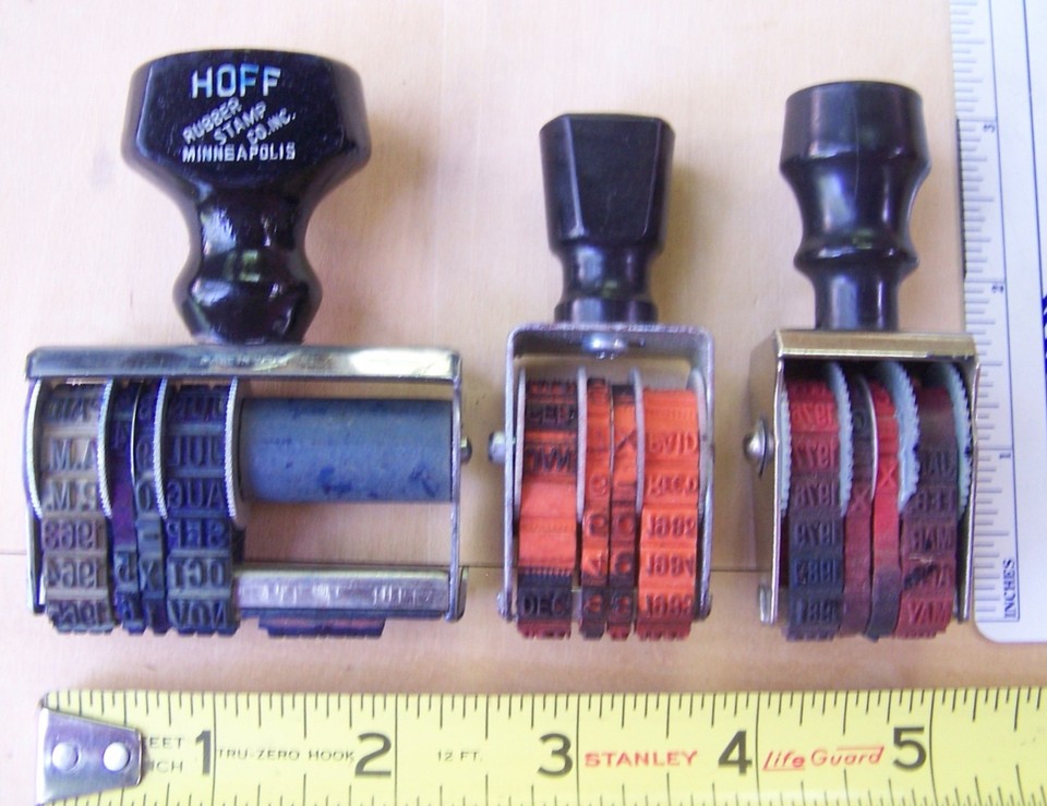 Lot of 9 Vintage Rubber Stamps 5 Date Stamps free haircut expired Hoff ...