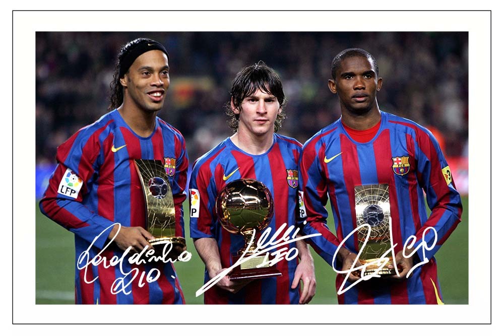 RONALDINHO LIONEL MESSI SAMUEL ETO'O BARCELONA AUTOGRAPH SIGNED PHOTO ...