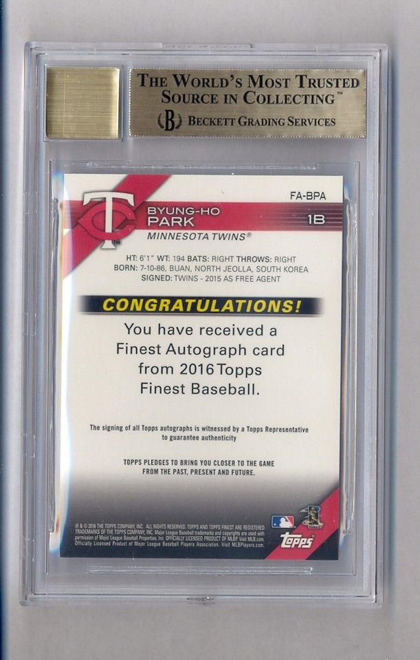 BYUNG-HO PARK 2016 TOPPS FINEST PURPLE REFRACTOR ROOKIE AUTO #3/30 BGS ...