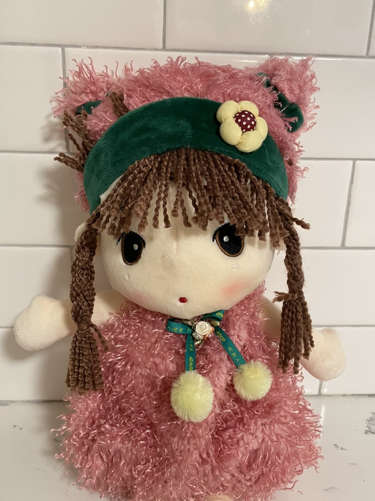 HWD Kawaii Plush 18'' Girl Doll in a Pink Shag Dress Stuffed Toy Flower ...