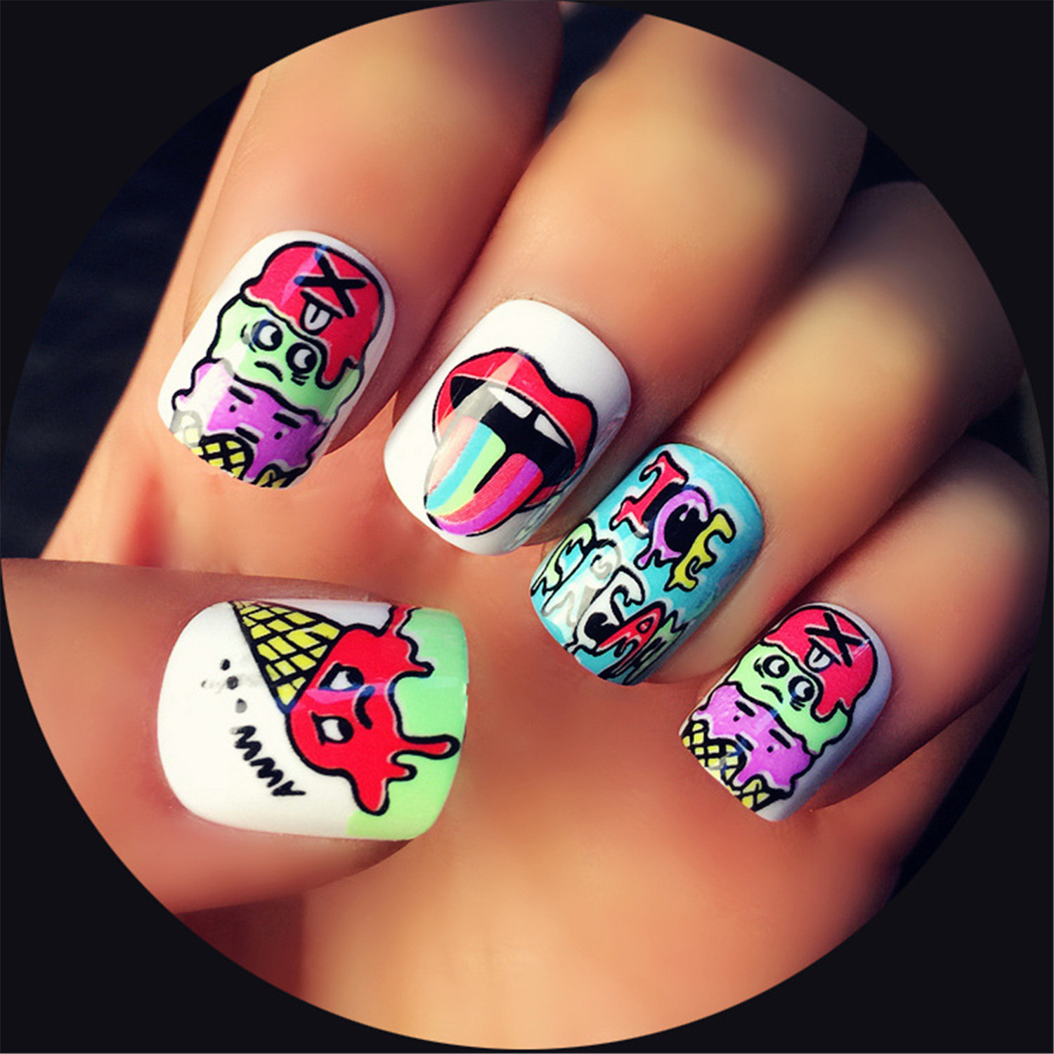 24pc False Nail Tips Cartoon Full Cover Comic Pink Fake Nails Art for ...