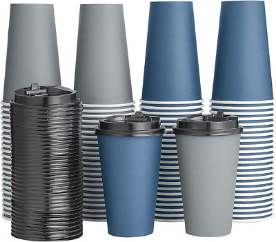 100 Pack 16 oz Paper Coffee Cups, Disposable Cups with Blue&Gray-16oz ...