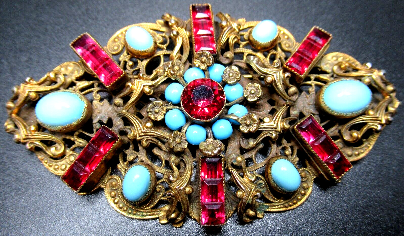 CORO Red Invisibly Set Square Rhinestone Turquoise Gl… - Gem