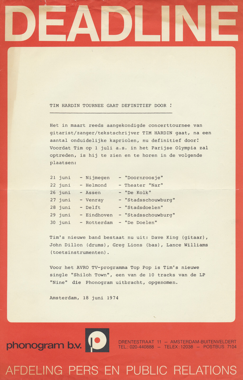 Tim Hardin - Tournee - June 18, 1974 [Holland] - Press Release | eBay