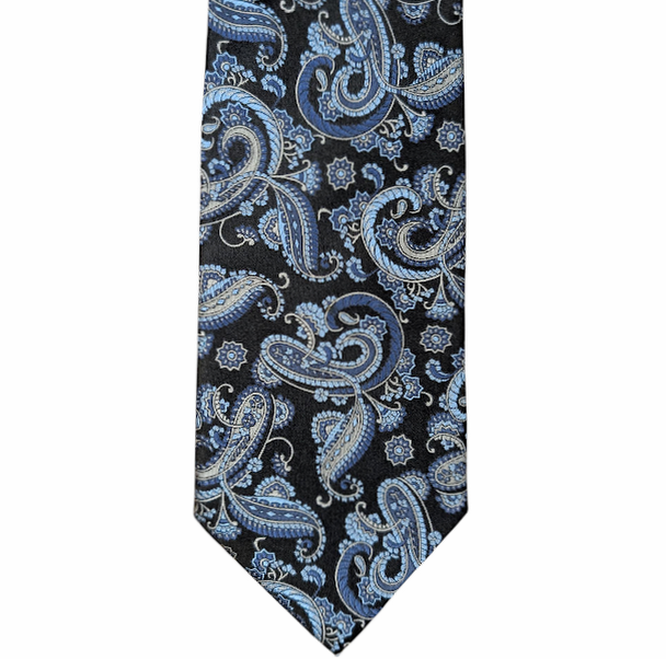 ROBERT TALBOTT Silk Tie Black w/elaborate blue paisley pattern x-long ...