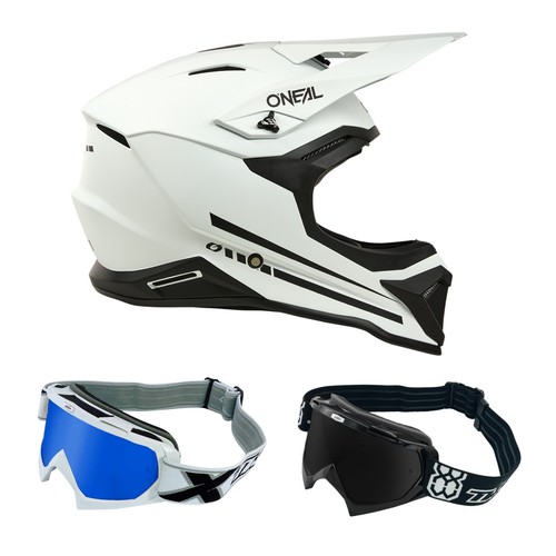 Oneal Crosshelm Combo 1SRS SOLID mit TWO-X Race Brille weiss MX Helm ...