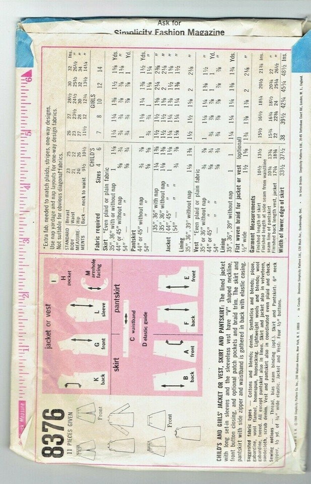 Simplicity 8376 Size 6 Childrens Girls Jacket Vest Skirt Vintage ...