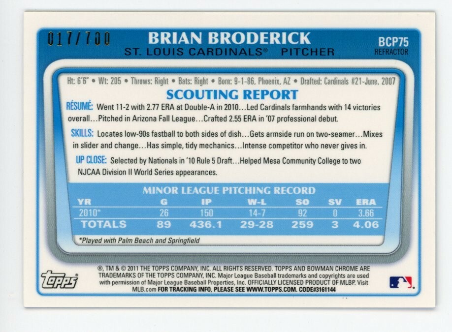 2011 Bowman Chrome BRIAN BRODERICK RC PURPLE REFRACTOR #/700 St Louis ...