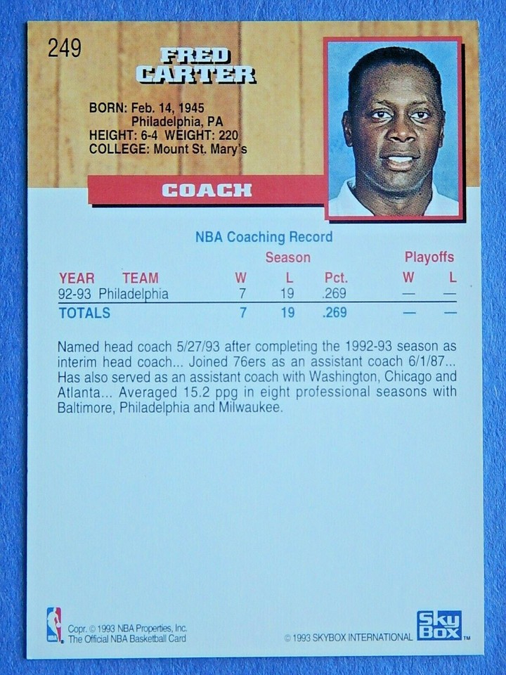 Fred Carter #249 NBA Hoops 1993 Basketball Card (Philadelphia 76ers) | eBay