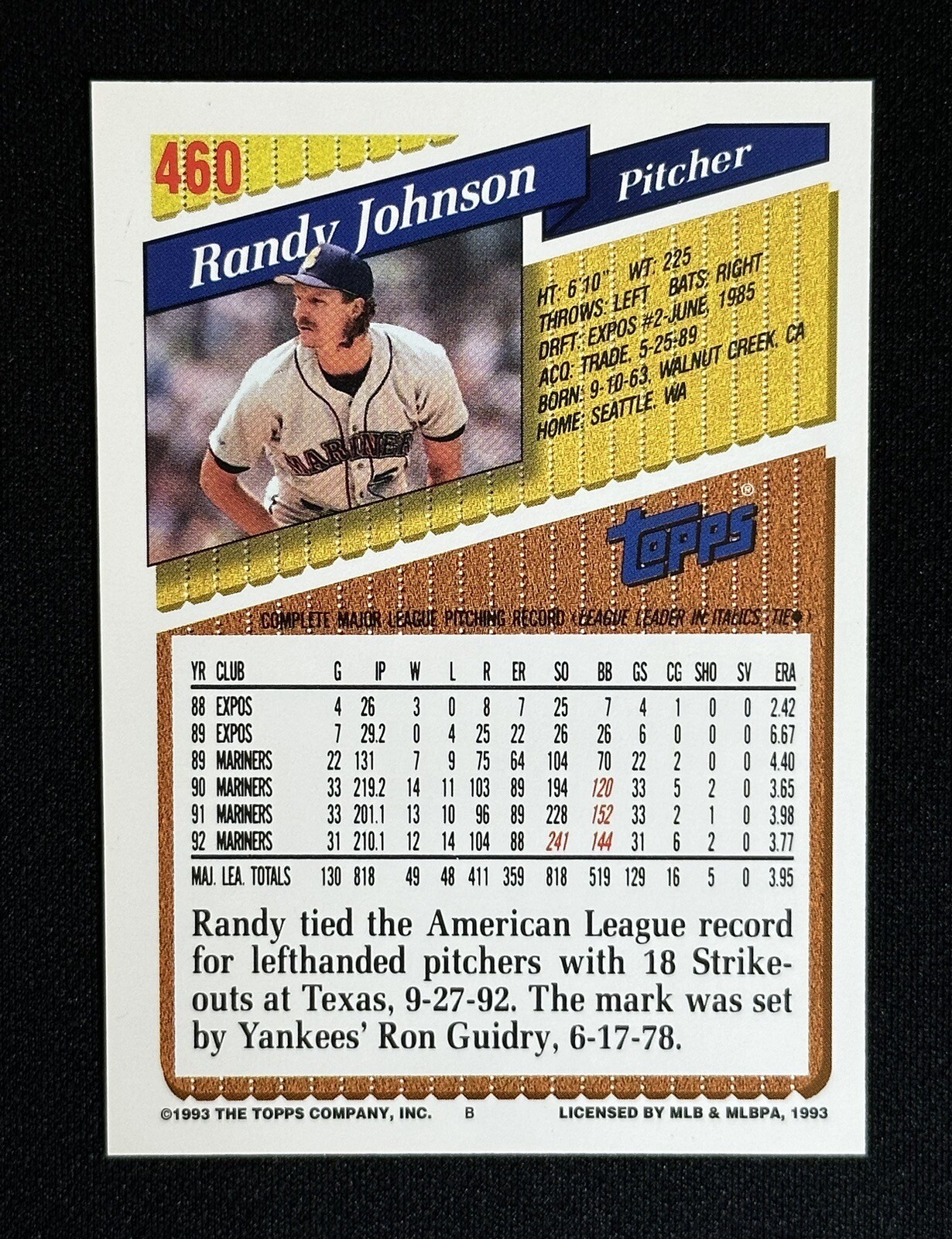 1993 Topps Randy Johnson #460 Baseball Card Seattle Mariners HOF | eBay