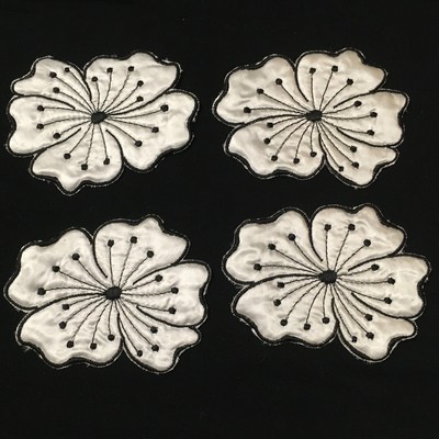 Embroidered Flower Applique Vintage Satin Applique 5" White Black 4 pcs ...