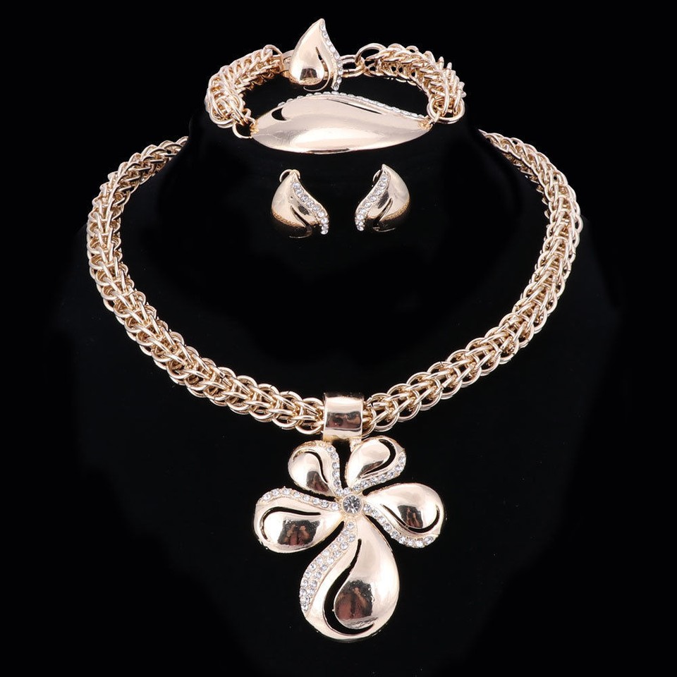 Gold Plated Crystal 4 Pieces Jewelry Set with Thick Box Shape Chain | eBay