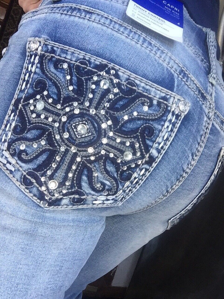 Womens Apt9 Embellished Tummy Control Waist Bling Capris Jean Size 8 12 ...