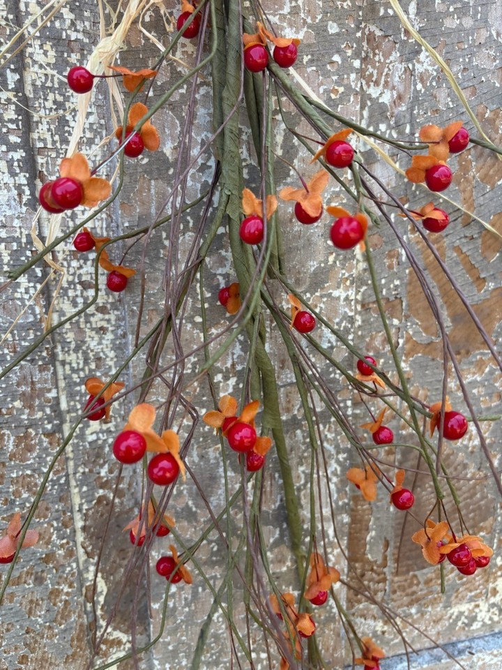 Primitive Farmhouse FALL BITTERSWEET BRANCH Teardrop Swag Orange Berry ...