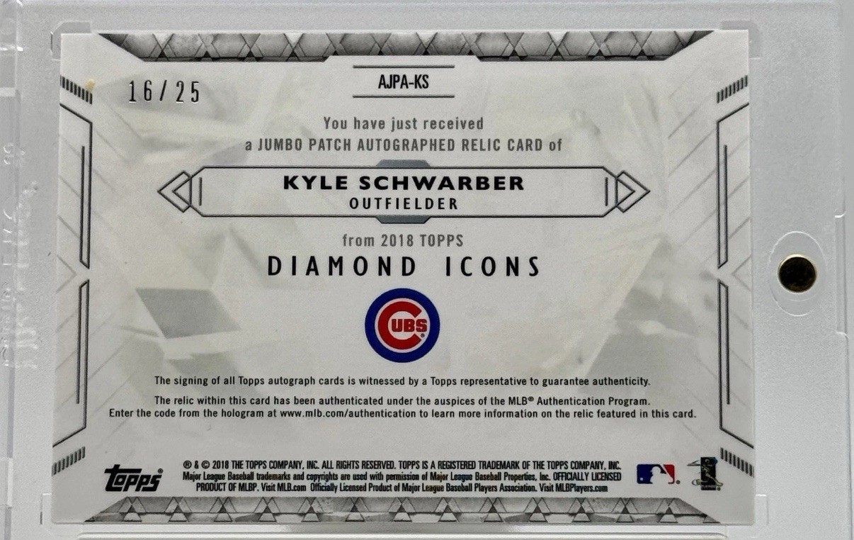 2018 Topps Diamond Icons Kyle Schwarber Jumbo Patch Auto 16/25 Cubs ...