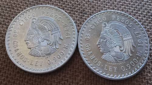 BOTH 1947 & 1948 MEXICO'S FIRST 5 PESOS: AZTEC EMPEROR .900 SILVER, 60 ...