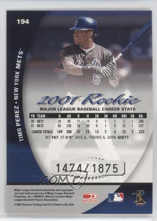 2001 Donruss Class Of 2001 1474/1875 Timo Perez #194 e1a | eBay